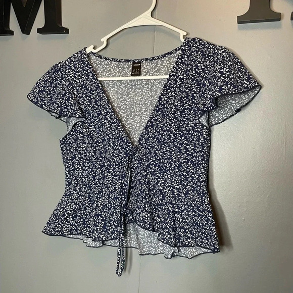 SHEIN | Tops | Shein Navy Blue Floral Blouse With Tie Front Size Small ...